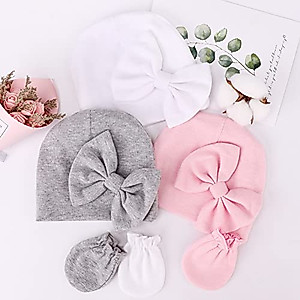 BQUBO Newborn Baby Hospital Hats Beanie Bow Infant Caps Baby Cotton No Scratch Mittens Set for 0-6 Months
