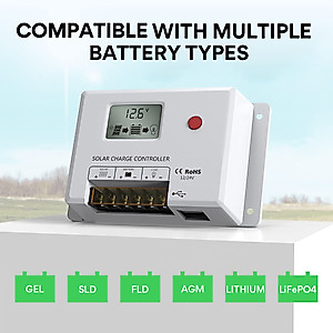 30A Solar Charge Controller, Bateria Power 12V/24V PWM Solar Panel Charger Controller Multi-Function Adjustable LCD Display with Dual USB Port Timer Setting Compatible with LFP, AGM, SLD, FLA