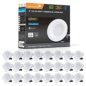 Run Bison 8 Inch Recessed LED Commercial Downlight with J-Box, Wattage Adjustable 16/21/27W,3 Color Selectable 3000K-5000K, 120-277V,0-10V Dimmable, IC Rated,Canless LED Downlight - 24 Pack