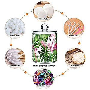 2 Pack Qtip Holder Dispenser for Cotton Ball Tropical Leaves Flamingo on White Cotton Swab Cotton Round Pads Clear Plastic Acrylic Jar Set Bathroom Canister