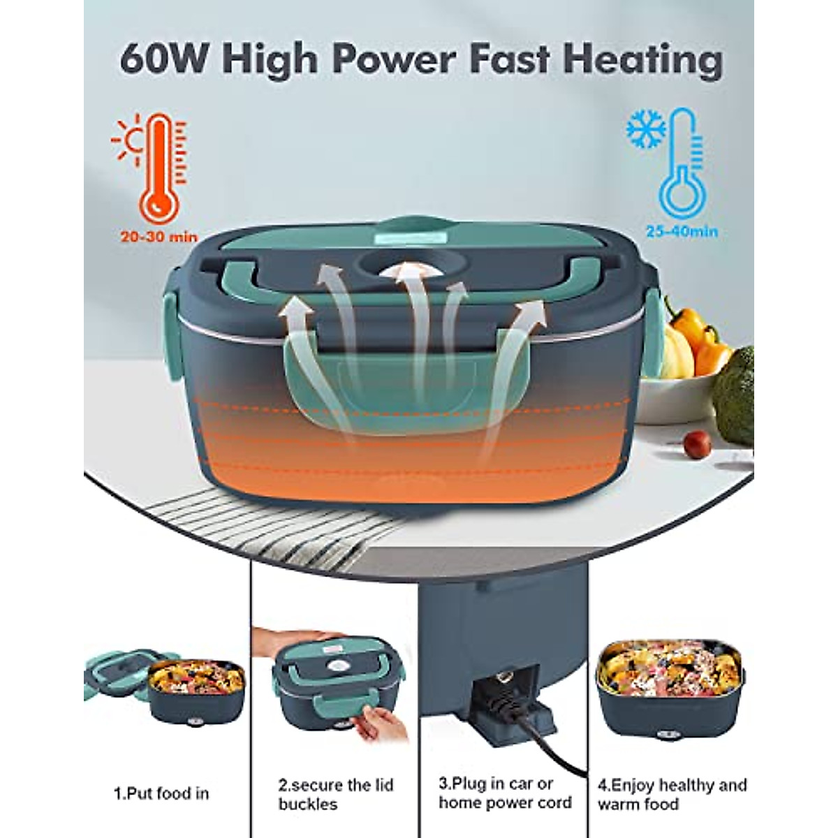 Electric Lunch Box,Portable Box Food Heater, Electric Lunch Box Food Heater,For Car/Truck Work 12v/24v/110v/60w,Stainless Steel Container Fork & Spoon And Bag