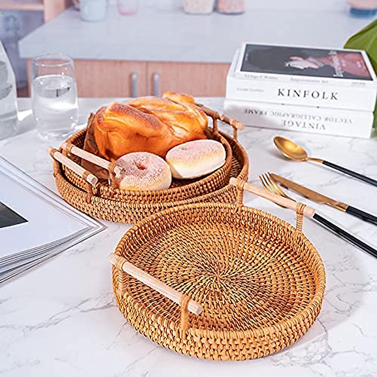 FiaLife Rattan Hand Woven Round Decorative Rustic Serving Wicker Trays with Handles for Home / Social Events - Bread Basket, Vegetable, Fruits, Snacks, Crackers, and Breakfast. Set of 3.