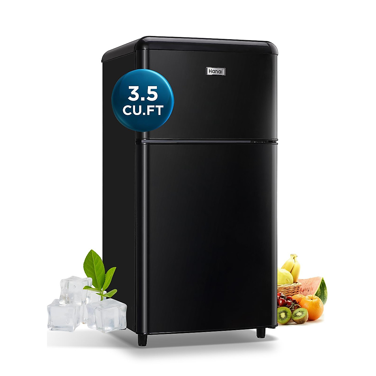 WANAI Compact Refrigerator 3.5 Cu.Ft Retro Black Fridge With Freezer 2 Door Mini Refrigerator with 7 TEMP Modes, LED Lights, Removable Shelves, Ideal for Apartment Dorm and Office, Black
