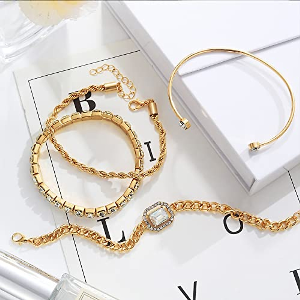 IFKM Gold Bracelet For Women Girls Dainty 14k Gold Plated Bangle Bracelets Set Adjustable Tennis CZ Twisted Chain Link Bangle Bracelet Layered Charm Jewelry Gift For Anniversary (Gold)