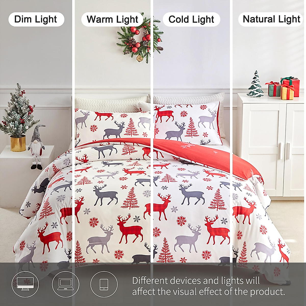 Rvciby Christmas Reindeer Duvet Cover Full Size,Soft and Breathable Microfiber Xmas Trees Pattern Printed Bedding Set,3 Pieces,1 Duvet Cover with Zipper Closure & Corner Ties and 2 Pillow Shams