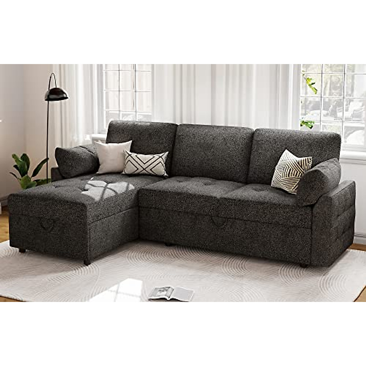 VanAcc Pull Out Sofa Bed, Modern Tufted Convertible Sleeper Sofa, Chenille Sleeper Sectional Couch Bed with Storage Chaise, L Shaped Sofa Couch for Living Room (Dark Grey)