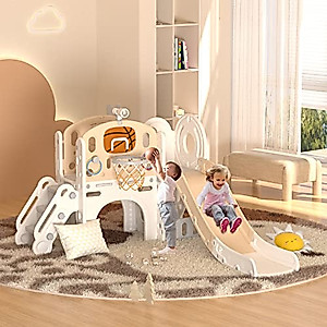 XJD 8 in 1 Toddler Slide, Kids Slide for Toddlers Age 1-3, Toddler Play Climber Slide Playset with Basketball Hoop and Ball,Toddlers Outdoor Indoor Playground (Beige Coffee)