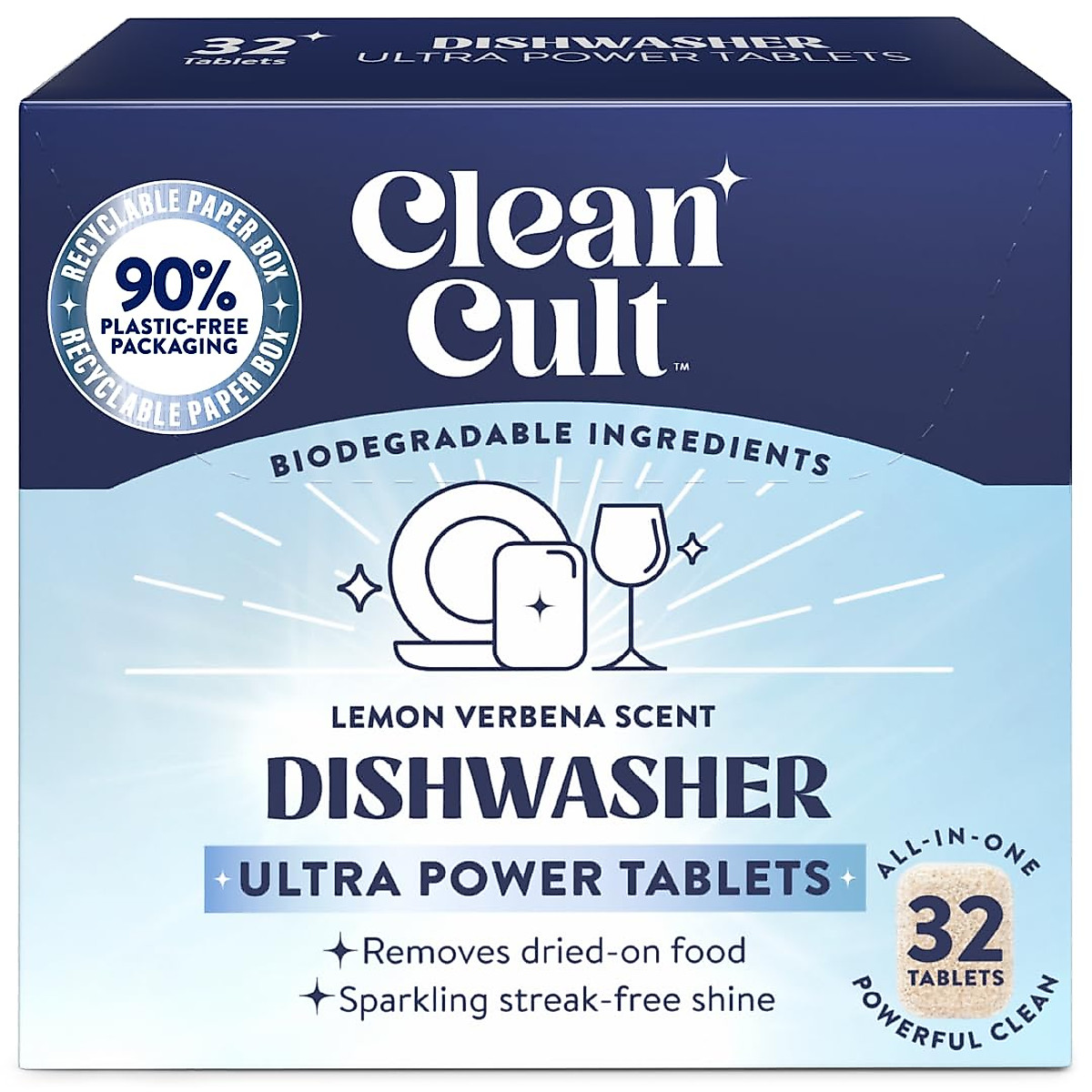 Cleancult Ultra Power Dishwasher Detergent Pods for Sparkling Streak-Free Shine, All-In-One, No Plastic Waste, 32 Count