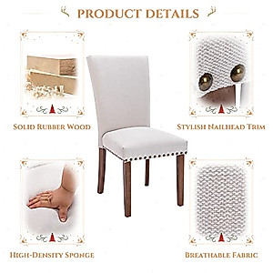 Parsons Dining Chairs Set of 4, Upholstered Nailhead Dining Room Kitchen Side Chair with Thick Cushions and Wood Legs, Beige