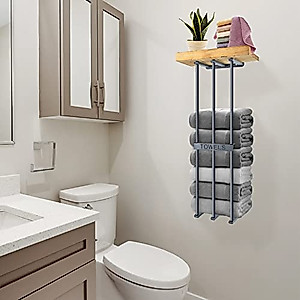 HTCBF Wall Towel Rack for Rolled Towels with Shelf,Upgrade 3 Bar Towel Racks for Bathroom Wall Mounted,Metal Towel Holders with Wooden Shelf,Bath Towel Holder for Folded Large Towel Washcloths