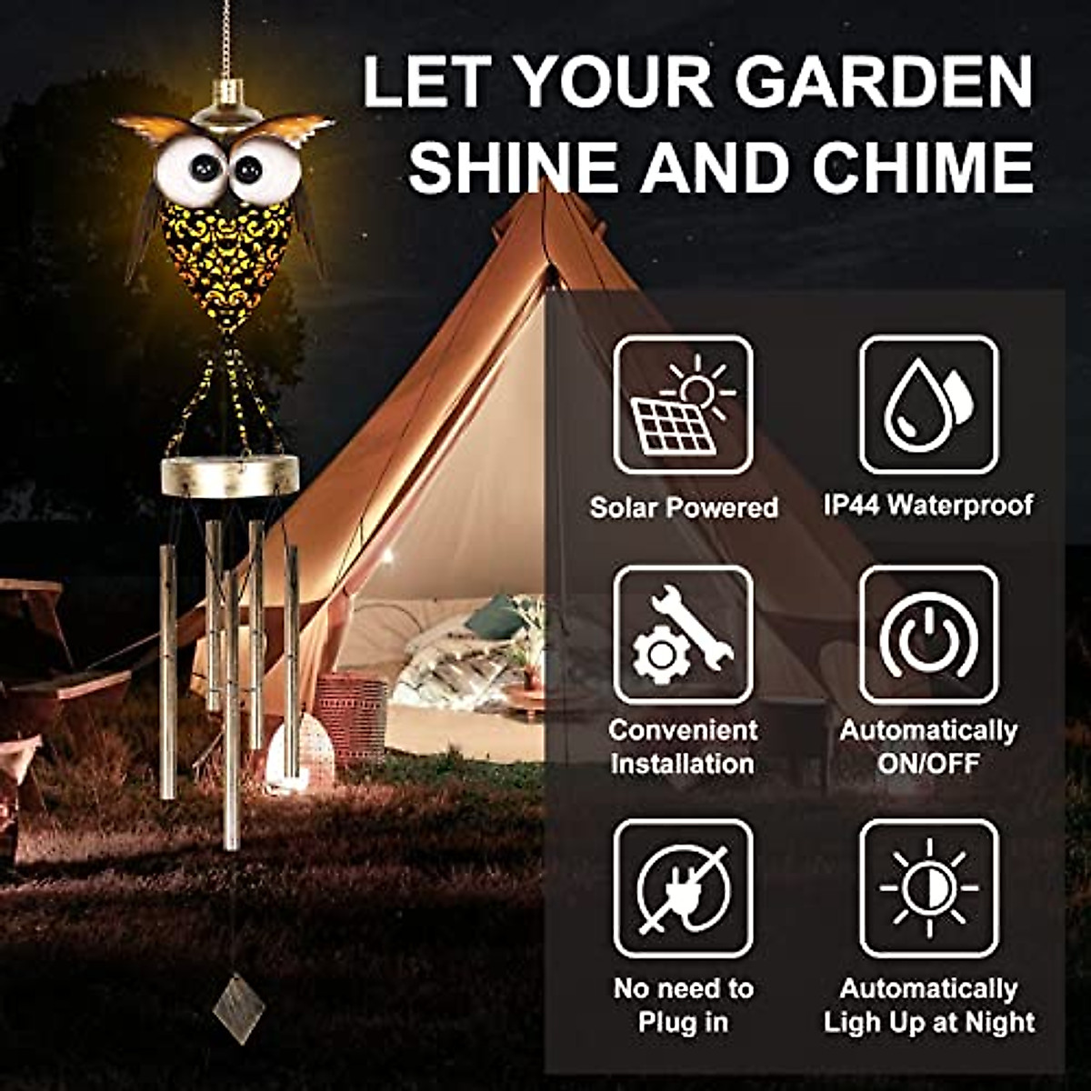 Sunwhale Owl Solar Wind Chimes for Outside Big Wind Chimes Indoor Hanging Outdoor Decor Metal Wind Warm LED Light Memorial Sympathy Gift with Metal Tubes Waterproof for Garden Yard Patio Lawn