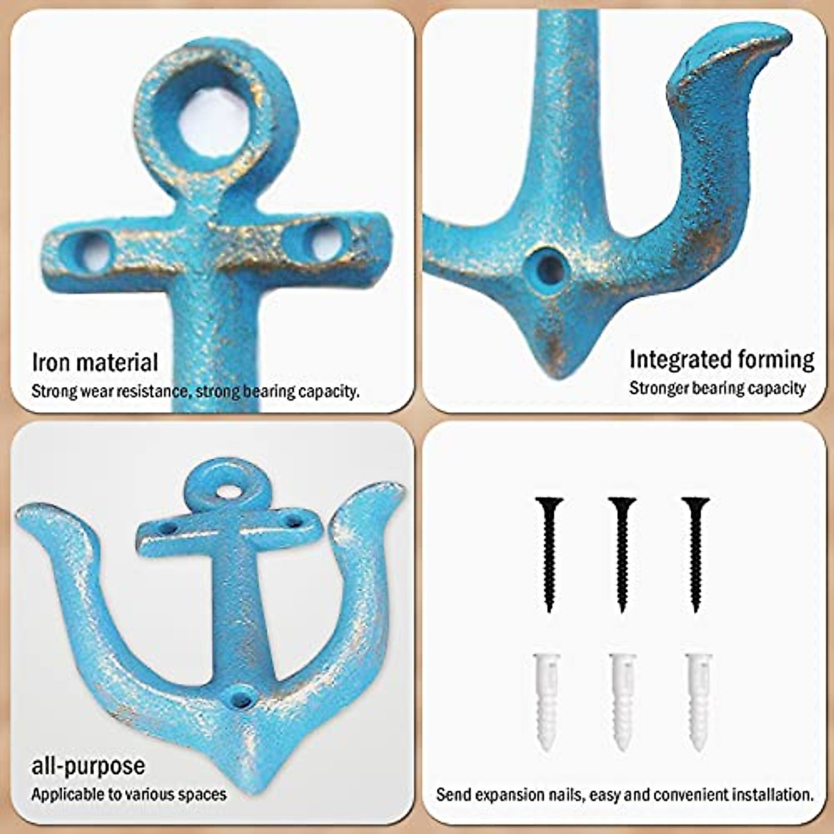 RENXI American-Style Rustic Ironwork Decorative Metal Hooks (Four Sea Anchor Hooks)