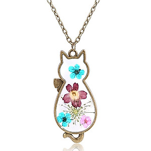 MXXGMYJ Multicolor Dried Flower Necklace for Women Cute Cat Pendant Necklace Pressed Flower Necklace Nature Gifts for Women Cat Lovers