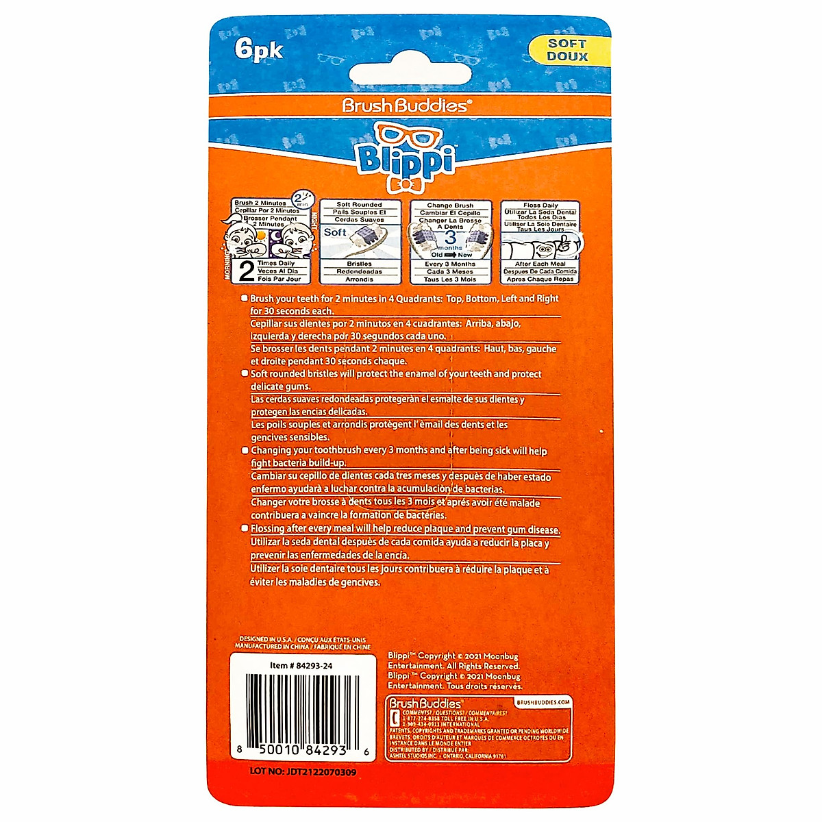 Brush Buddies Blippi Kids Toothbrushes, Manual Toothbrushes for Kids, Toothbrush for Toddlers 2-4 Years, Blippi Childrens Toothbrush, Soft Toothbrushes, 6PK