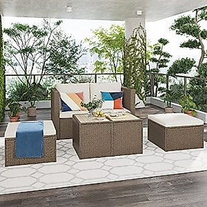 GODAFA 6 Piece Outdoor Patio Furniture Set All-Weather PE Rattan Conversation Sectional Sofa with 2 Tea Tables for Backyard Porch Poolside, Brown Wicker+Beige Cushion