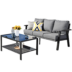 ovios Patio Furniture Set 7-Pieces Outdoor Wicker Rattan Sofa with Coffee Table Loveseat Ottomans, High Back All Weather Conversation Set with Comfy Cushions, Dark Grey