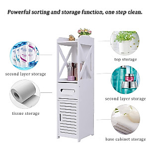RUILOGOD Small Bathroom Storage Cabinet Doors and Shelves Narrow Bathroom Cabinet Slim Bathroom Organizer Cabinet Corner Shelf Toilet Paper Holder Stand Corner and Small Space (Widened) YSBG-01 White