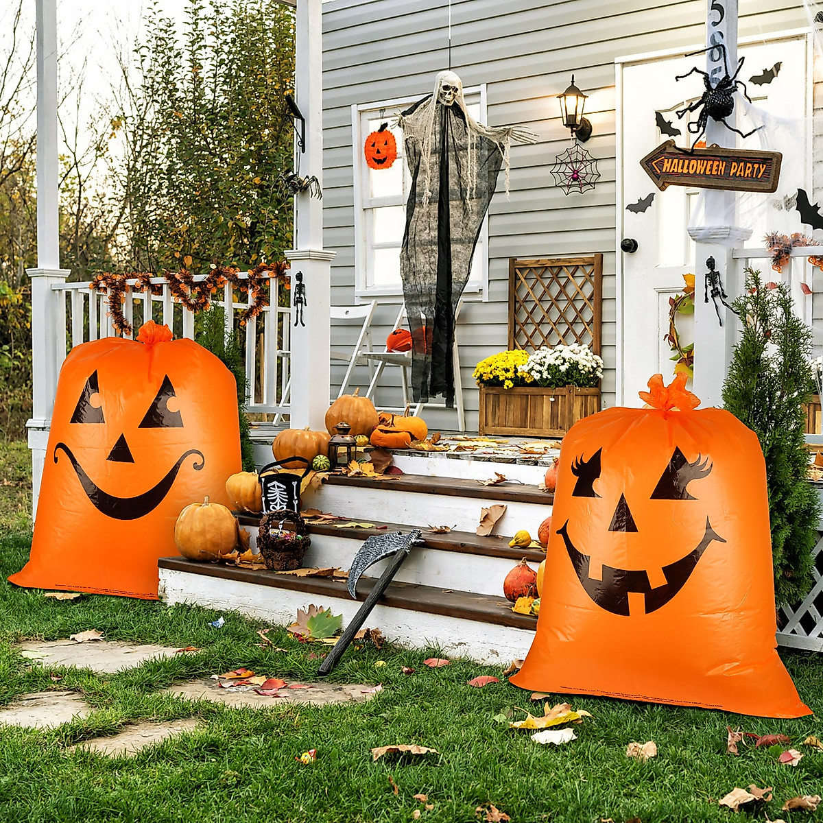 POPGIFTU 12 PCS Halloween Lawn Leaf Bags Pumpkin Lawn Bags, with 6 Halloween Pattern Designs, Plastic Outdoor Fall Leaf Trash Bag for Fall Decorations Outdoor Yard Lawn Halloween Decorations