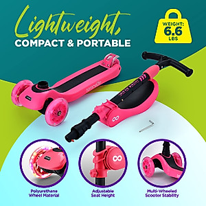 SereneLife 3 Wheeled Scooter for Kids - 2-in-1 Sit/Stand Child Toddlers Toy Kick Scooters w/ Flip-Out Seat, Adjustable Height, Wide Deck, Flashing Wheel Lights, Great for Outdoor Fun -SLKS26 (Pink)