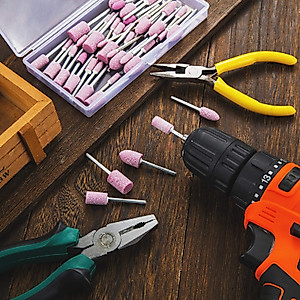 48 Pieces Abrasive Mounted Stone Grinding Wheel Head Mounted Grinding Point Stone Heads with Box Compatible with Rotary Tool, 1/8 Inch Shank and 6 Sizes (Pink, Aluminium Oxide)