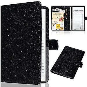 Server Book for Waitress-Leather Waitress Book Organizer with Zipper Pocket Cute Waiter Book Server Wallet with Magnetic Closure, Glitter Black