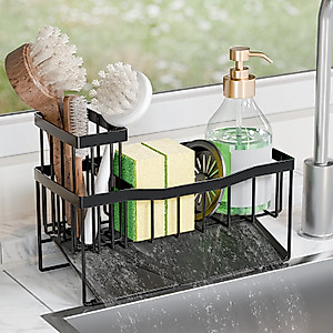 CasaCulina Sponge Holder for Kitchen Sink, Sink Caddy with Detachable Brush Holder and Stainless Steel Self Drain Tray, Rustproof Sink Organizer for Countertop Dish Soap Dispenser Brush Storage