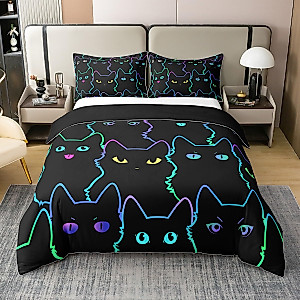 100% Cotton Kids Bedding Cartoon Queen Size,Gradient Line Cute Cat Bedding Set For Teens Kids Boys Girls Adults Room Decor,Kitten Pet Colorful 3D Animal Cat Lover'S Duvet Cover,Black,Reversible