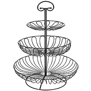 FOYO 3-Tier Fruit Basket Bowl, Countertop Fruit Stand Separable Hanging Basket for Vegetables, Snacks, Household Items - Metal Cast Iron Black
