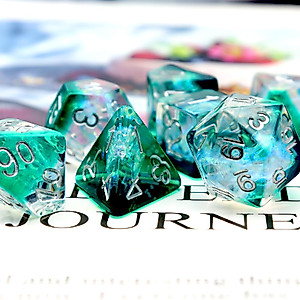 Haxtec Resin DND Dice Set 7PCS Green Clear Mylar Galaxy Polyhedral D&D Dice for Roleplaying Dice Games as Dungeons and Dragons