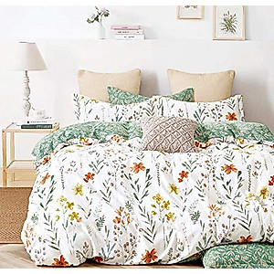 SLEEPBELLA Duvet Cover Queen, 600 Thread Count Cotton 3pcs Bedding Set Yellow Flowers and Green Branches Printed on White Reversible Comforter Cover