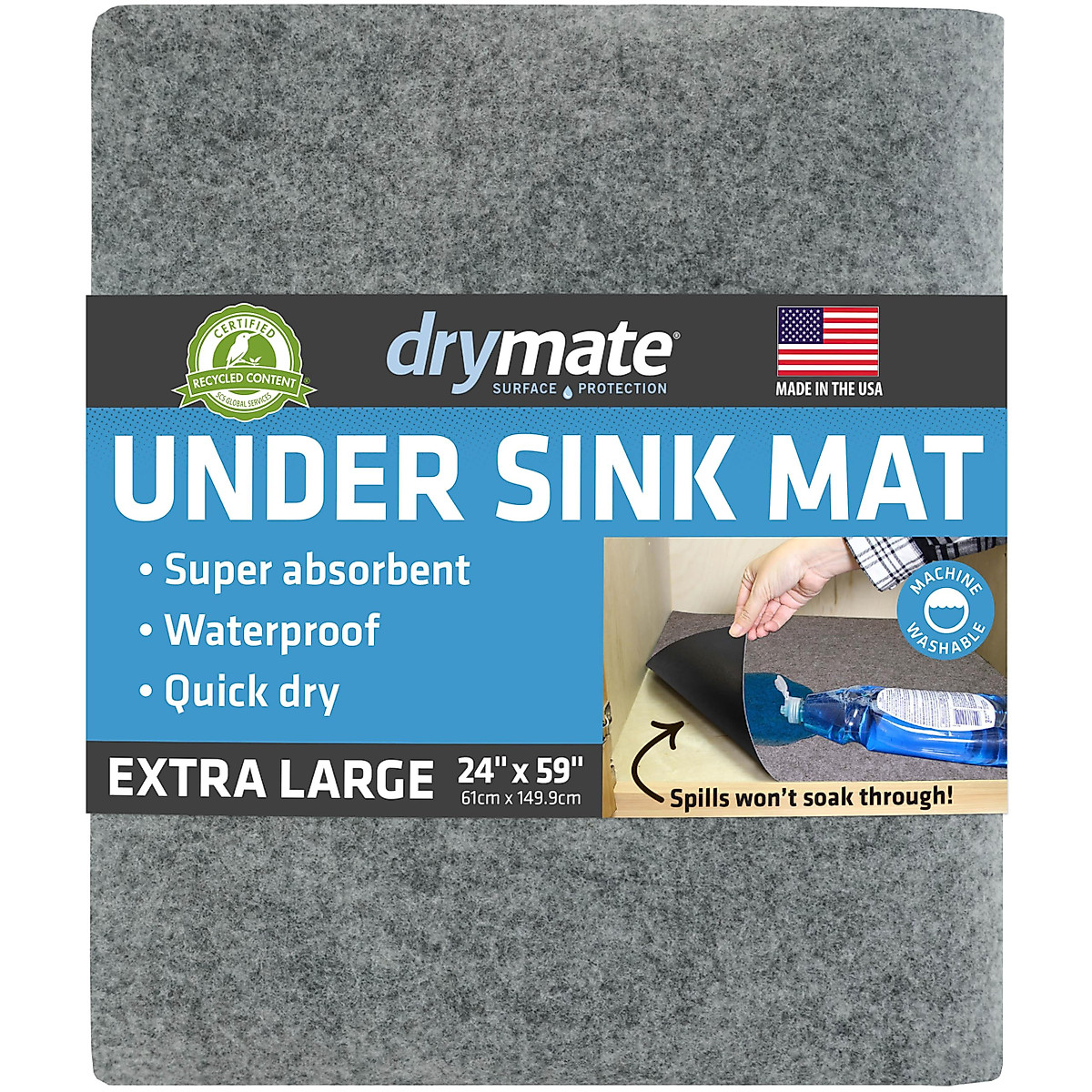 Drymate Premium XL Under Sink Mat, Waterproof Cabinet Protection Mats for Kitchen & Bathroom, Absorbent Shelf Liners, Slip-Resistant, Non-Adhesive, Machine Washable (USA Made)(24”x59”)(Light Grey)