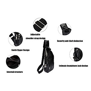 D.LerBung Men's Sling Bag Leather Chest Shoulder Backpack Water Resistant Anti Theft Crossbody Bag with USB Charge Port Black