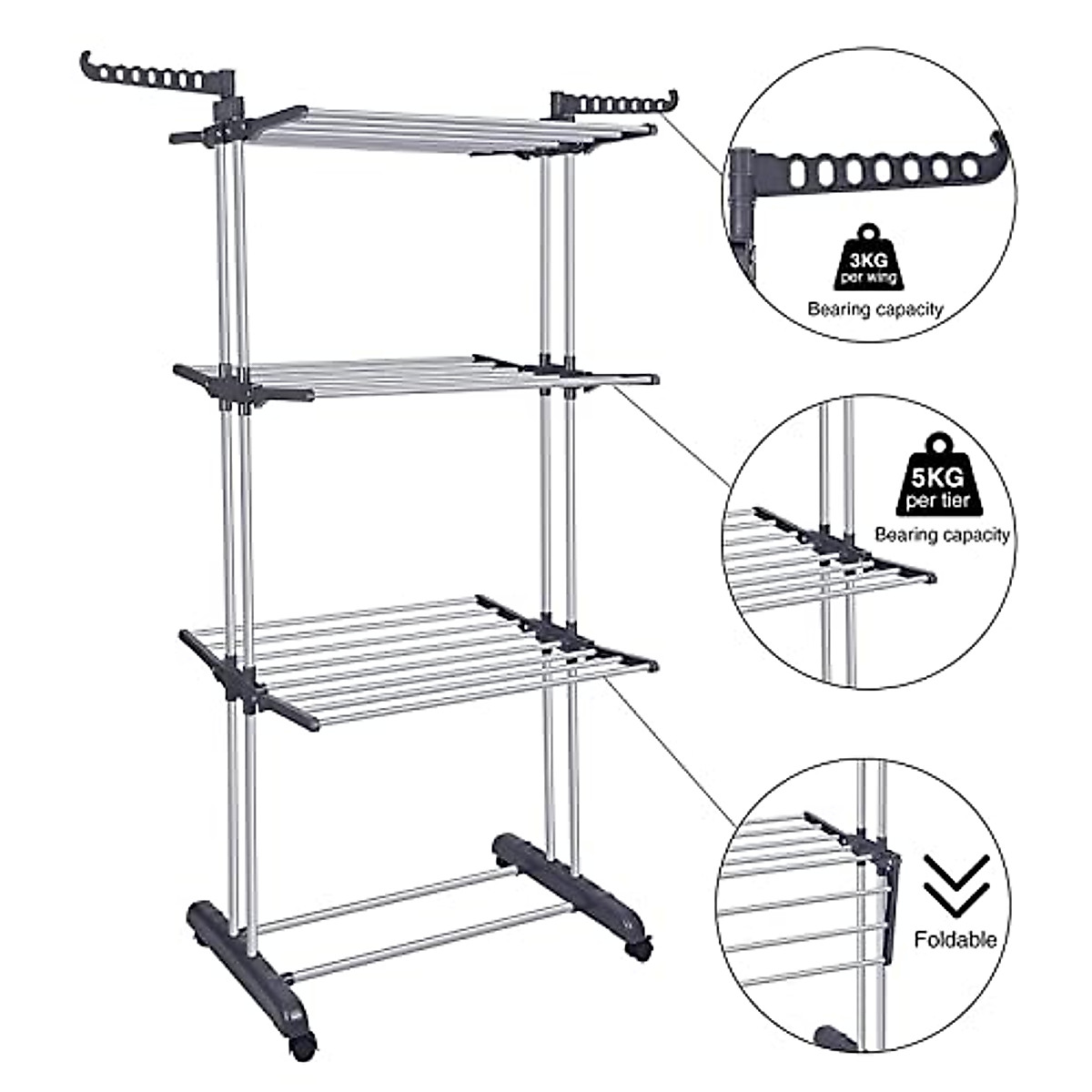 Voil 3 Tier Clothes Drying Rack Clothes Airer,Foldable Laundry Outdoor Indoor Heavy Duty Clothing Horse Garment Dryer Stand on Wheel