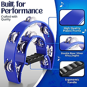 Flexzion Tambourine Metal Half Moon Musical Instruments Double Row Metal Jingles Hand Held Instruments Percussion with Ergonomic Handle Grip, Tambourines for Adults, 2 Packs - Blue