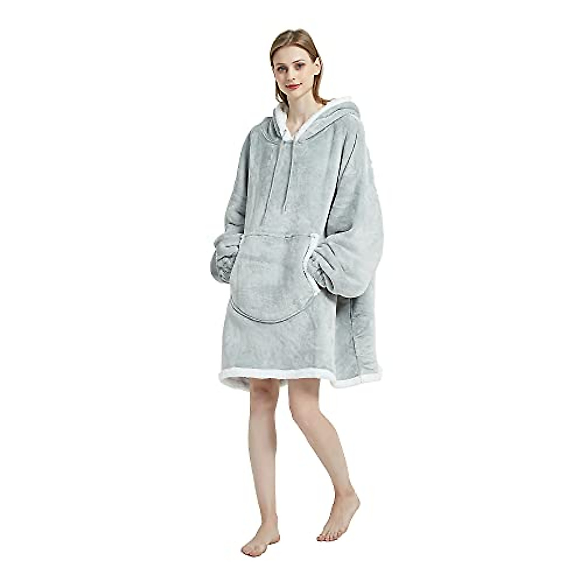 softan Blanket Hoodie, Oversized Sherpa Fleece Wearable Blanket for Women & Men, Super Warm and Cozy Plush Flannel Hooded Blanket, Sweatshirt Gift with Giant Pocket, One Size Fits All, Grey