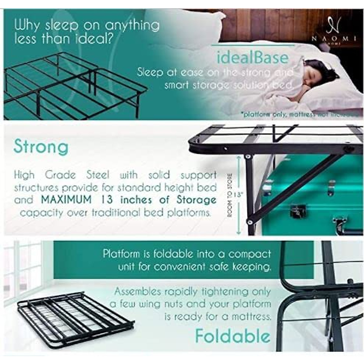 Naomi Home Twin XL Bed Frames, Foldable, Easy to Assemble, Storage Underneath
