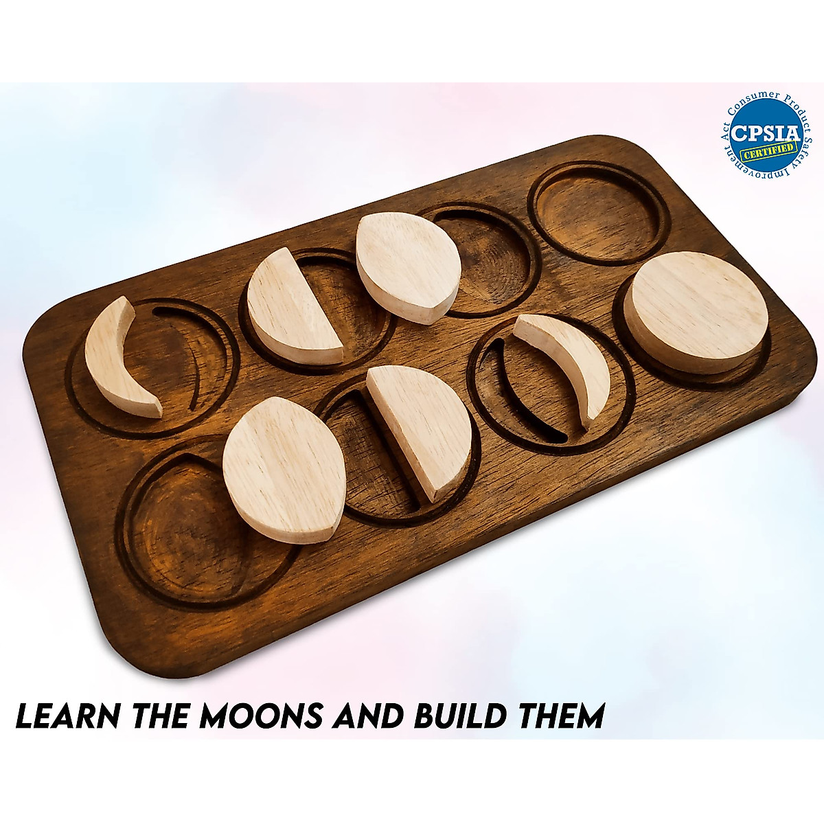 Pentacle Toys Wooden Moon Phases Puzzle, Montessori Wooden Puzzle Board Educational Preschool Gifts for Boys Girls, Pegged Puzzle Board