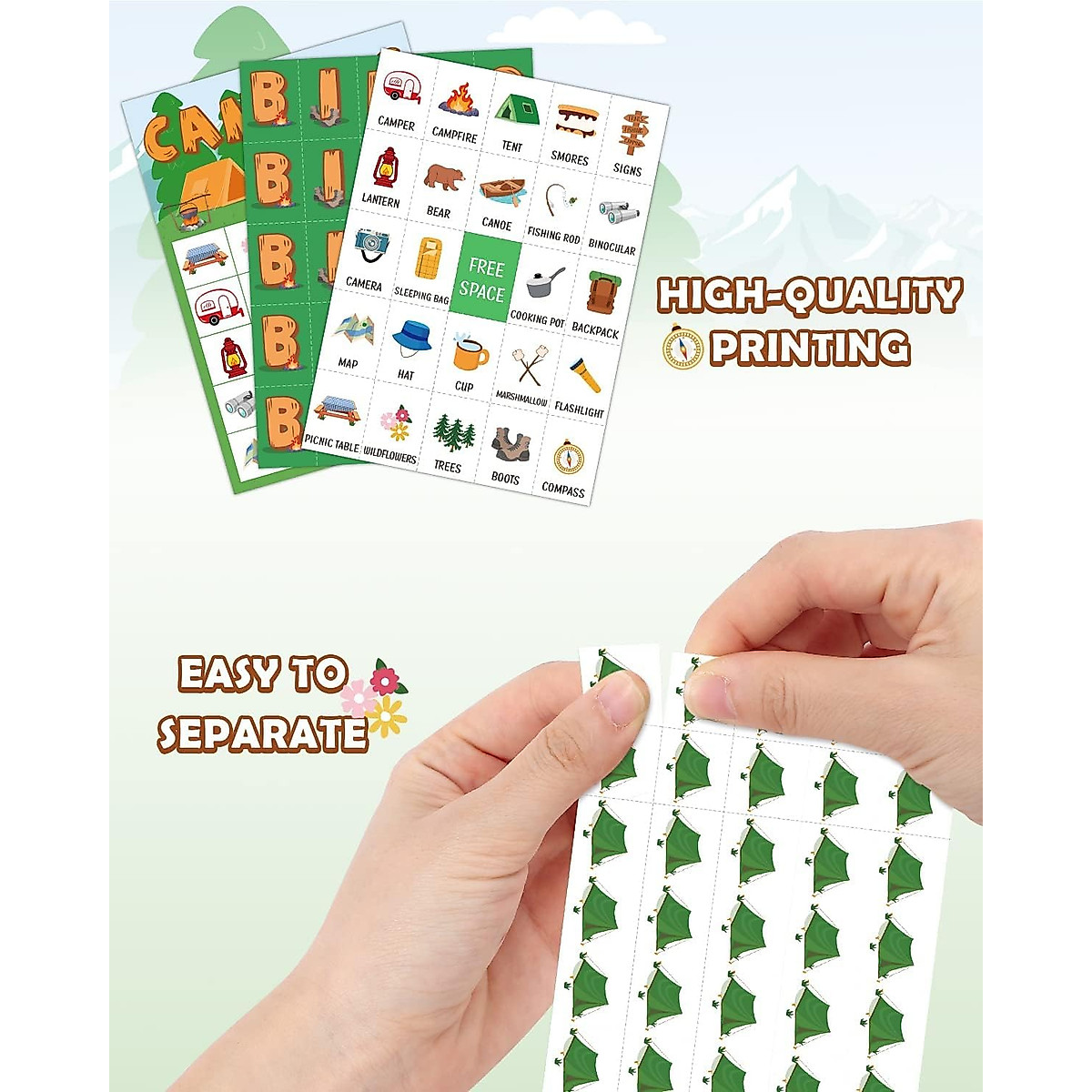 Mosailles Camping Bingo Game Outdoor Indoor Activities Hike Field Trip Supplies Party Favors Card Games for Adults 24 Players Family Fun