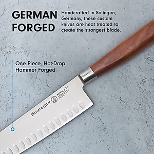 Messermeister Royale Elite 7” Kullenschliff Santoku Knife - Japanese Chef’s Knife - Stainless Steel & American Walnut Burl Handle - Rust Resistant & Easy to Maintain