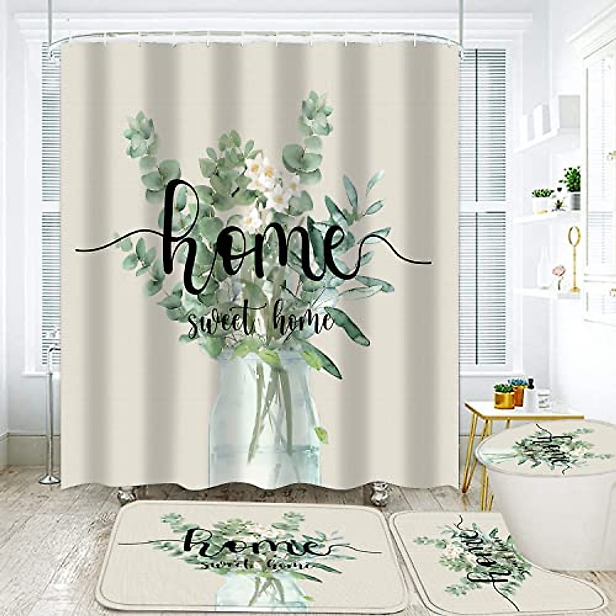 FZDHHY Beige Shower Curtain Sets Home Sweet Home Shower Curtain Set with Rugs Rustic Bathroom Set with Rugs Cute Bathroom Decor Set