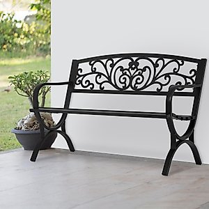 PayLessHere Black Outdoor Metal Loveseat Chairs Patio Garden Bench 50-inch Slatted Seat Armrests Floral Design Backres Perfect for Park, Yard, Porch, Lawn, Balcony, Backyard