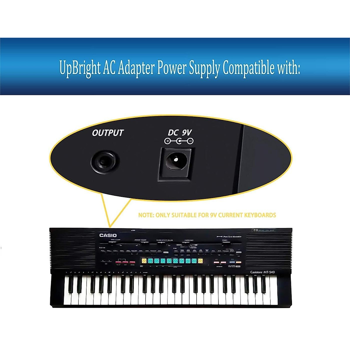 UpBright 9V AC Adapter Compatible with Casio LK-56 LK-215 CT-670 CT-680 DG-1 LK-100 CTK-551 CTK-56 CTK-149 CTK-470 CTK-680 CT-637 Tone Bank ToneBank Digital Piano Keyboard 9VDC Power Supply Charger
