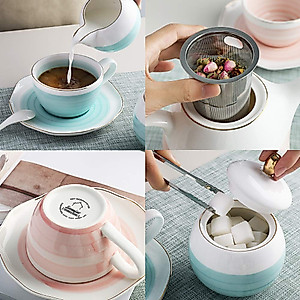 Sweejar Porcelain Tea Sets, 8 OZ Cups & Saucer Service for 4, Teapot Sugar Bowl Cream Pitcher Teaspoons and Tea Strainer for Adult Tea Coffee Afternoon Party(Blue)