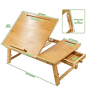 Diosbles Lap Desk, Bamboo Laptop Desk for Bed and Sofa, Height Adjustable Bed Desk, Foldable Breakfast Serving Bed Tray, Laptop Tray with Drawer