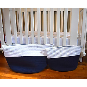 StorageWorks 100% Natural Cotton Rope Hand-Woven Basket- Two Color Design- White & Navy Blue- 2 Pack