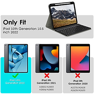 Bokeer Keyboard Case for iPad 10th Generation 2022, Leather Folio Smart Cover with Pencil Holder, Magnetically Detachable Wireless Bluetooth Keyboard [Micro USB Charging, Multi-Angle]-Black