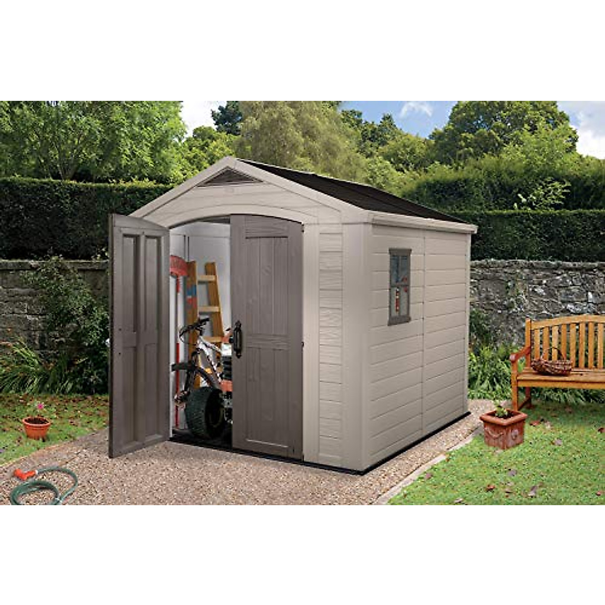 Keter Factor 8x8 Foot Large Resin Outdoor Storage Shed with Floor for Patio Furniture, Lawn Mower, and Bike Storage