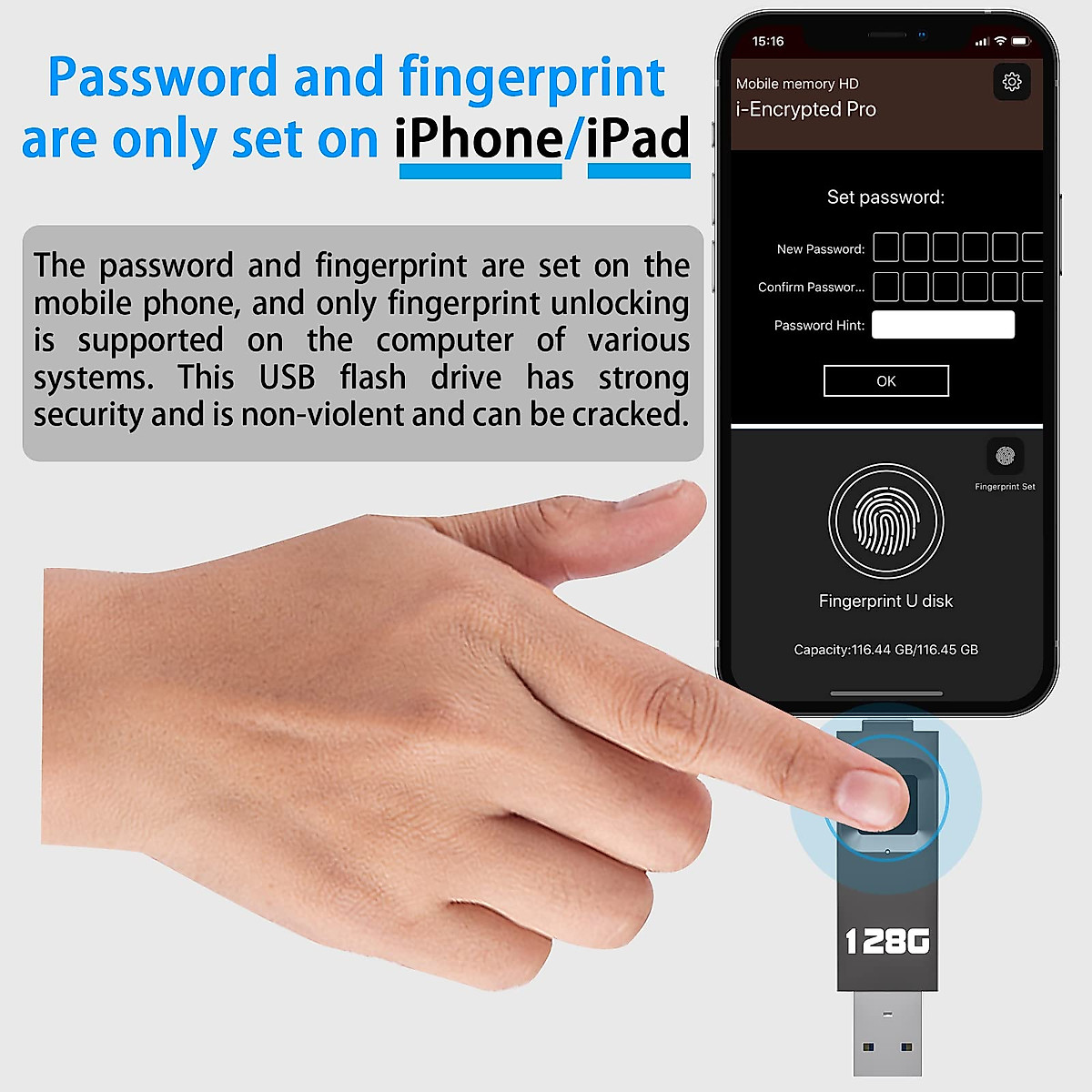 YIGORN 128GB Encrypted USB Drive,Fingerprint Flash Drive,Secure Password Protected U Disk, USB Memory Stick, USB Thumb Drive,Encryption Storage for iPhone/iPad/iPadmini/Mac/PC