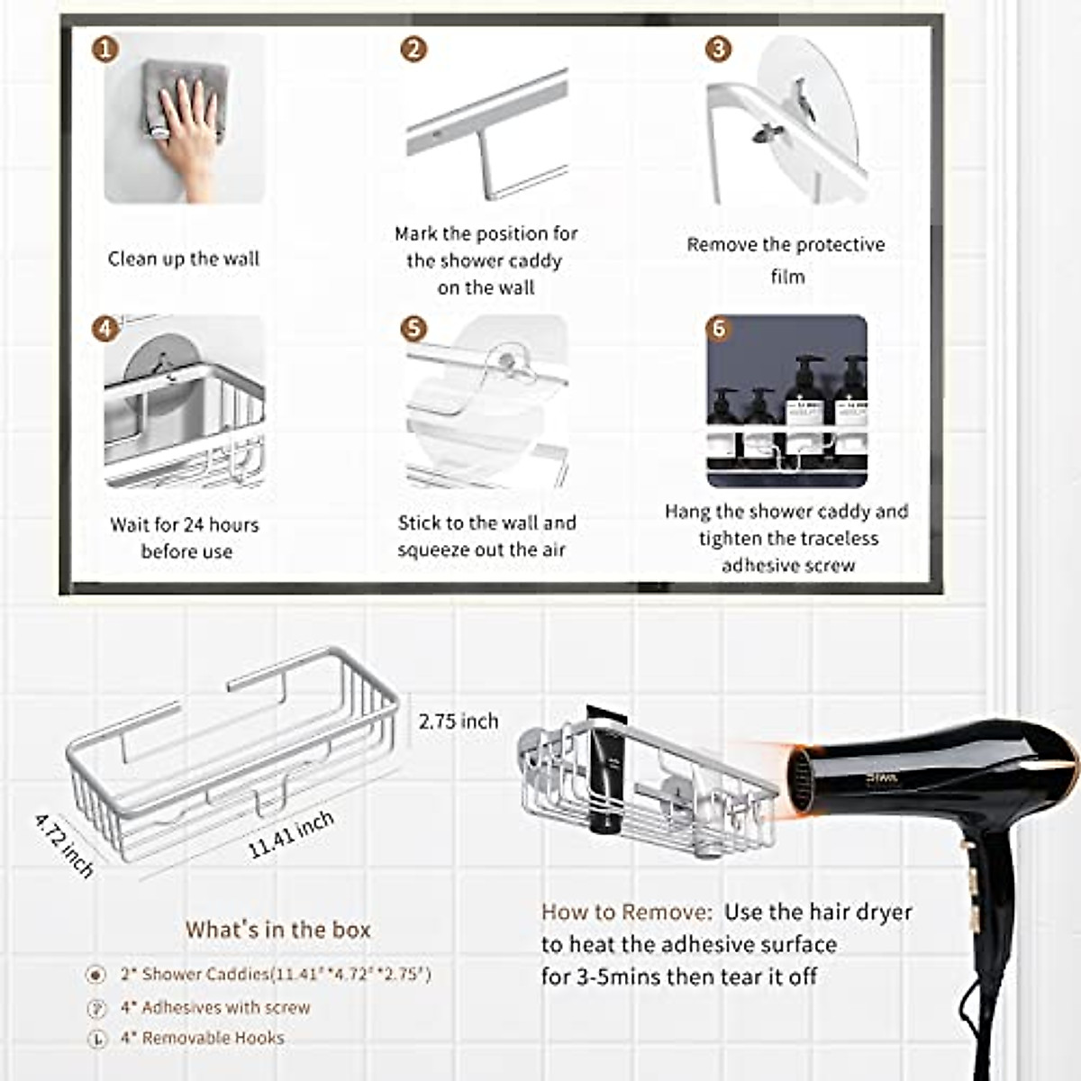 Noele 2-Pack Shower Caddy with Removable Hooks, Adhesive Shower Basket Shelves No Drilling, Rustproof Aluminum Storage Organizer Rack for Bathroom Toilet Kitchen