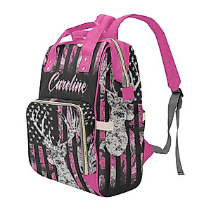 Custom Diaper Bag Backpack - Camo Flag Deer Pink Baby Girl Diaper Bag Backpack for Dad Boy Men with Name